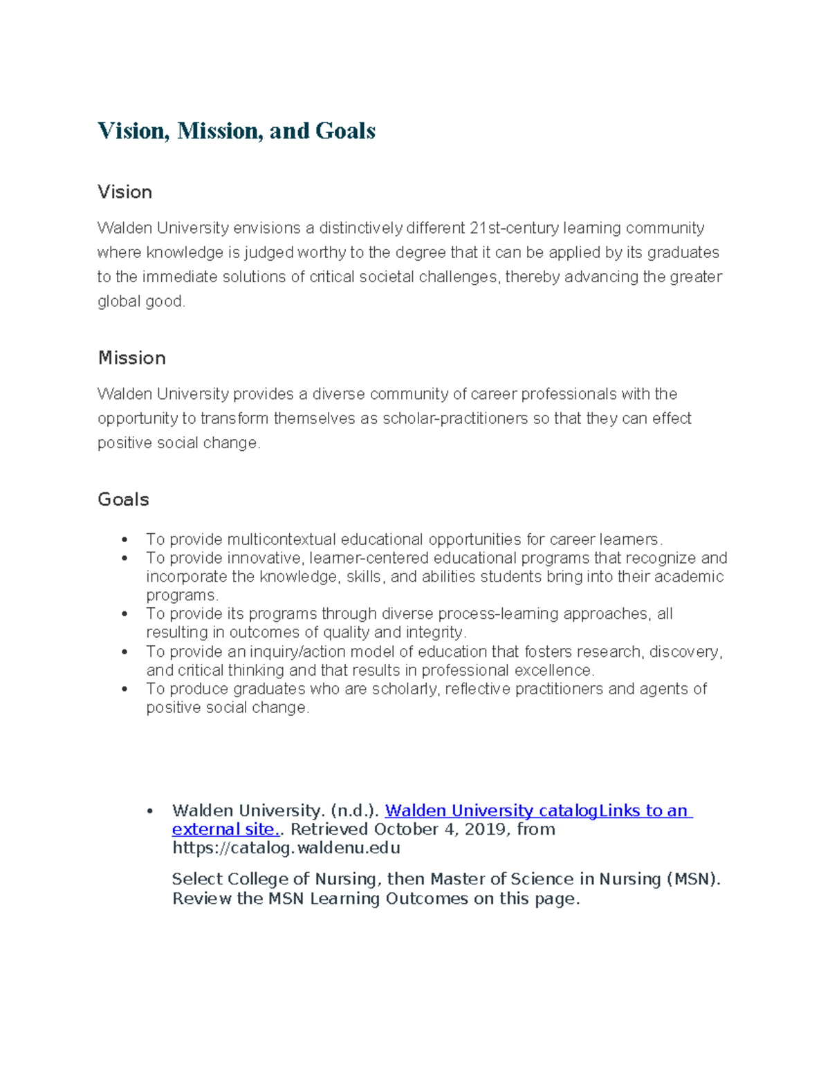 Vision, Mission & Goals of Walden University Nursing Programs - Studocu
