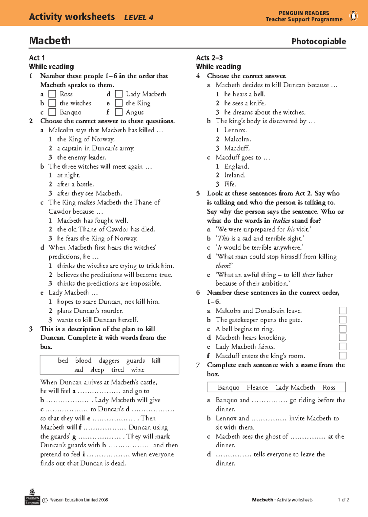 Activity Worksheets for LEVEL 4 Macbeth - Teacher Support Programme ...