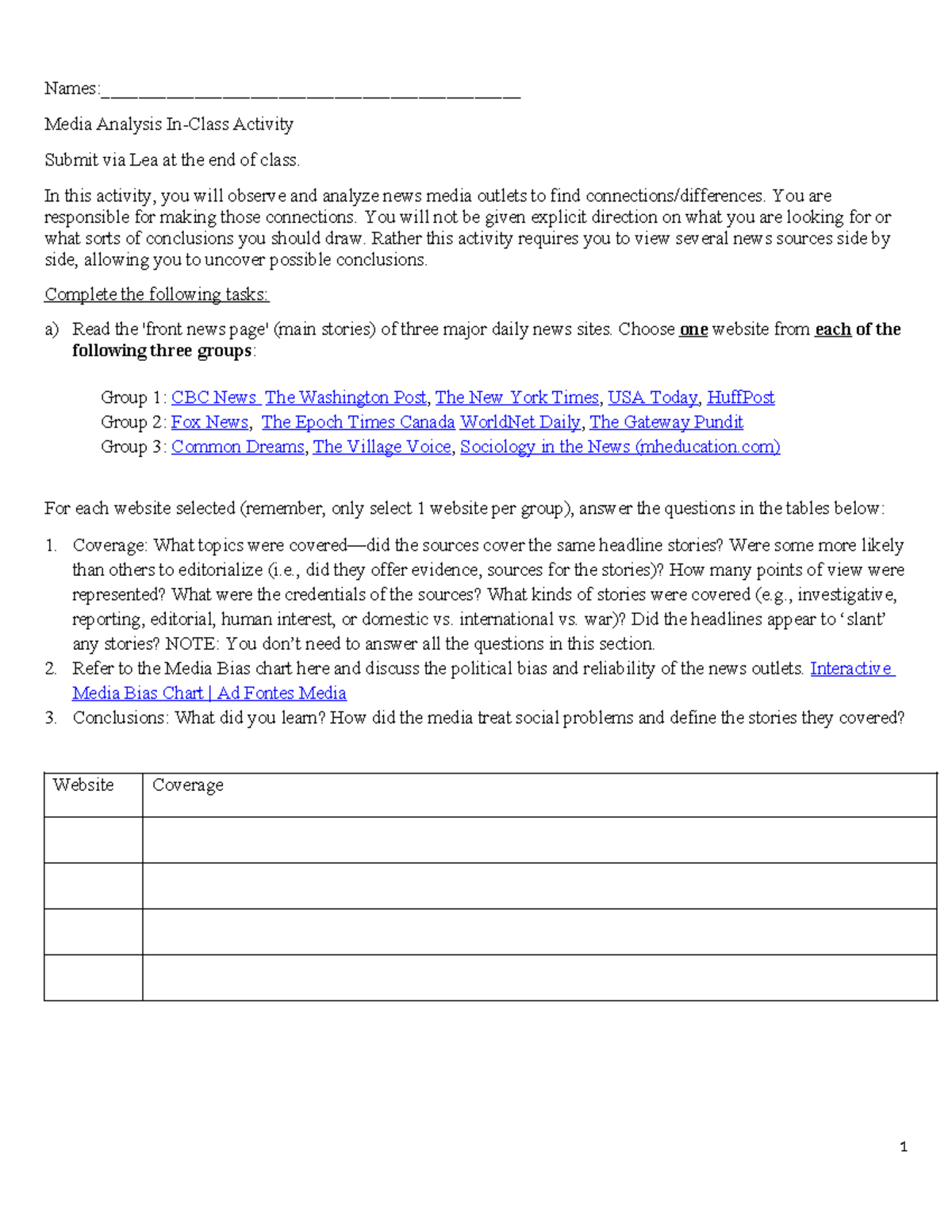 Media Analysis Activity: News Source Comparison and Bias Evaluation ...