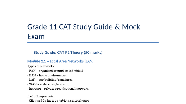 Grade 11 CAT Study Guide: Mock Exam on LAN & Online Safety - Studocu