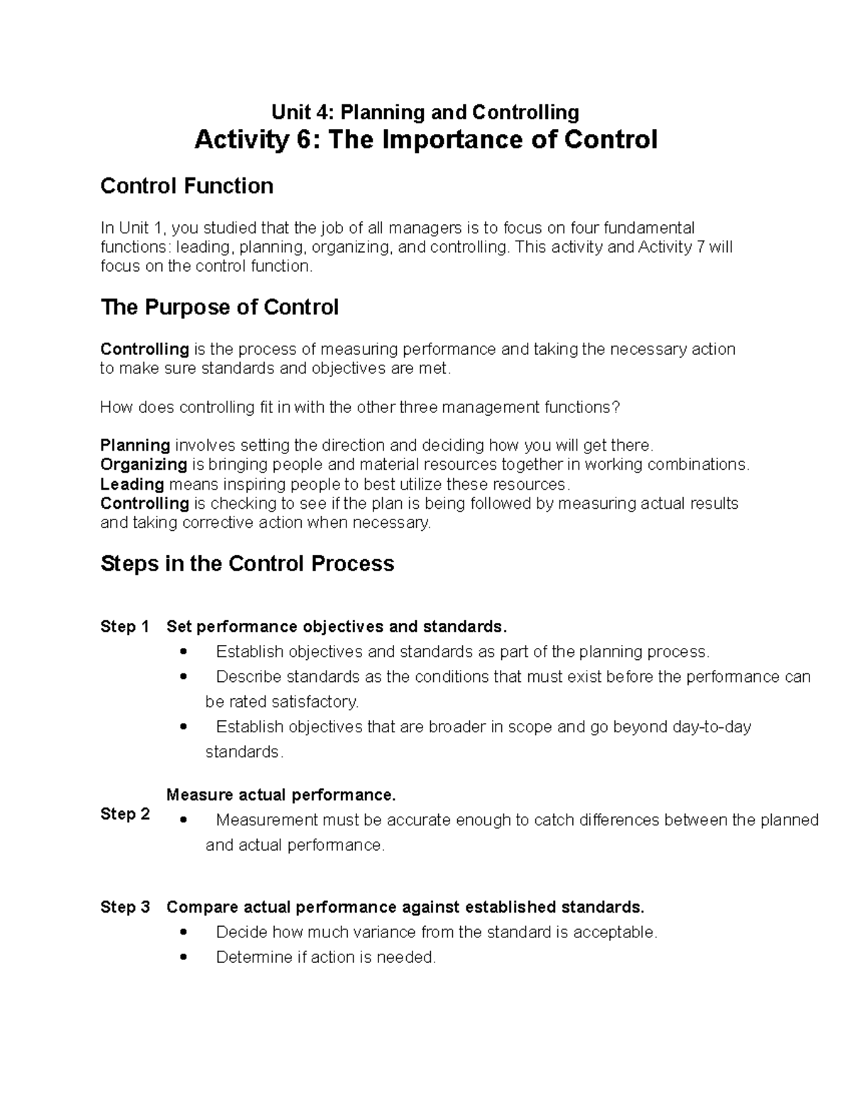 The importance of control - Unit 4: Planning and Controlling Activity 6 ...