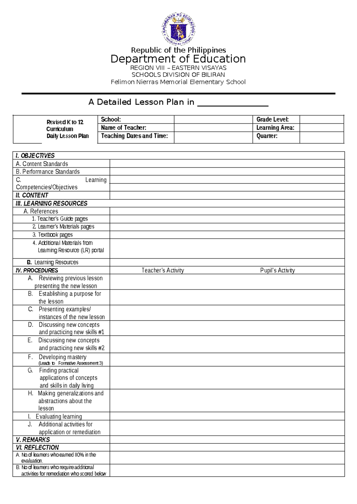 Detailed Lesson Plan Template for English (K to 12) - Studocu