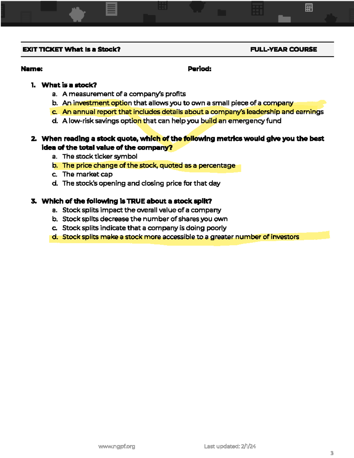 3 - cheat - EXIT TICKET What Is a Stock? COURSE Name: Period: 1. What ...