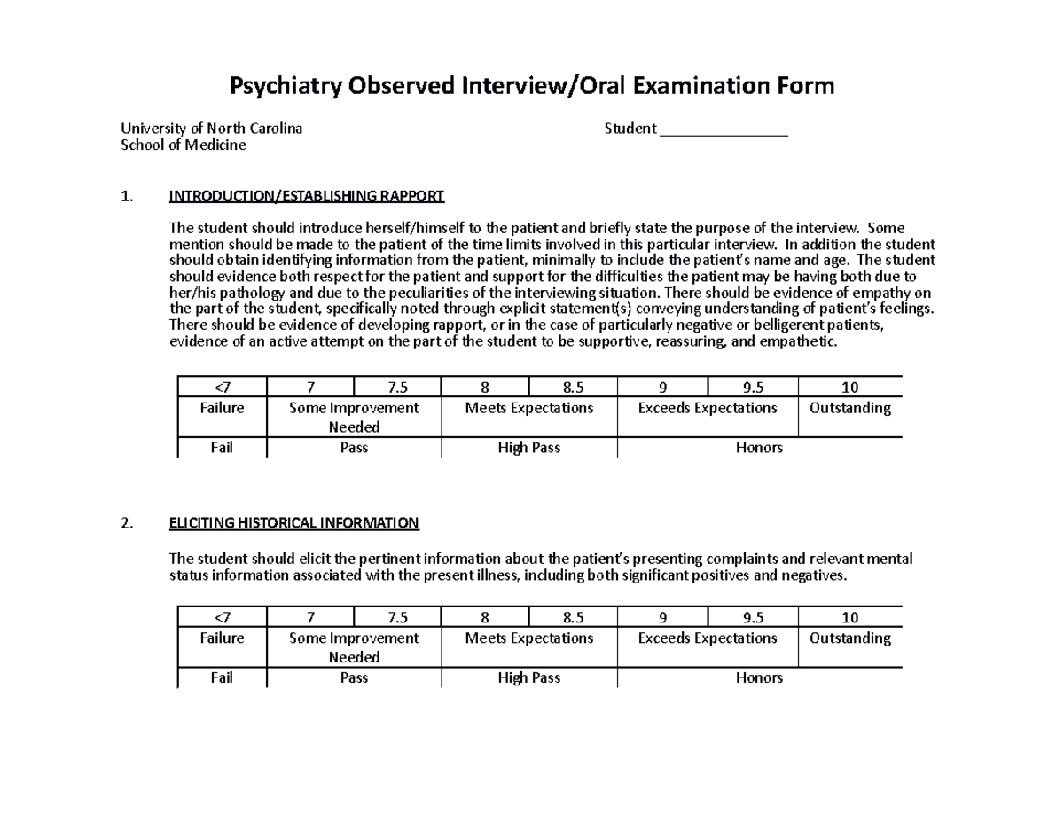 Psychiatry Oral Exam Grading Form 1718 - Psychiatry Observed Interview ...