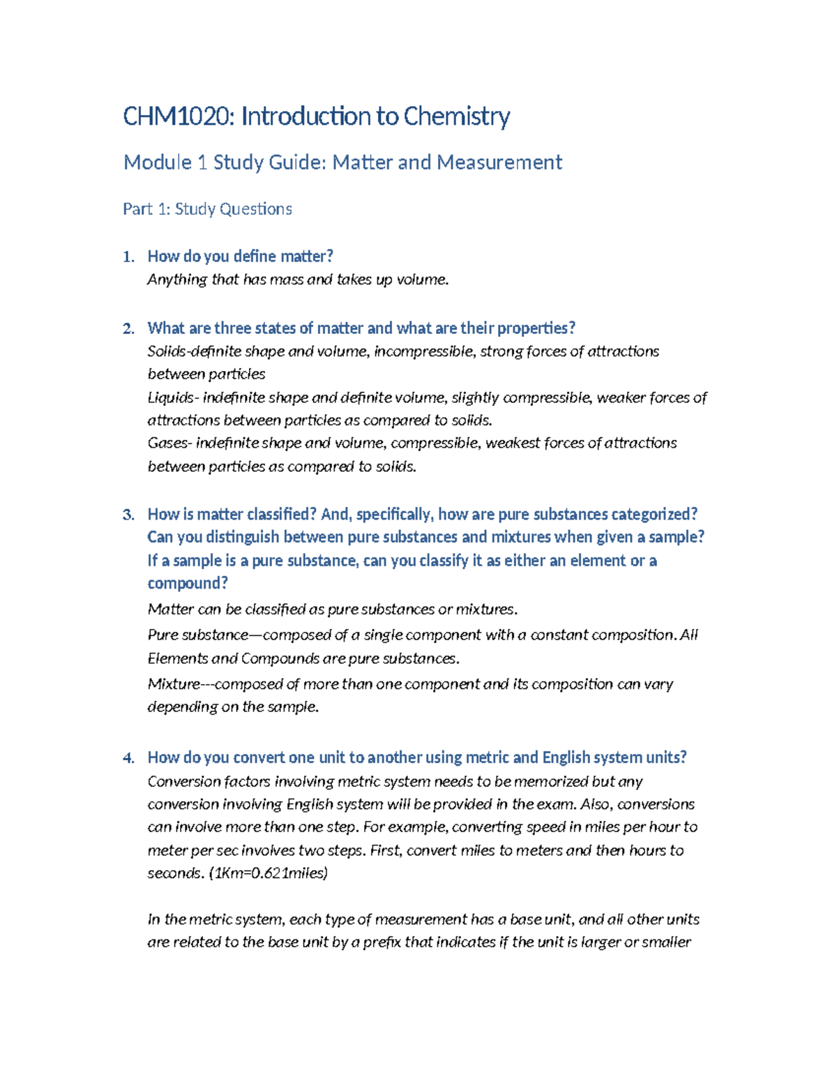 CHM1020: Module 1 Study Guide - Matter & Measurement Concepts - Studocu