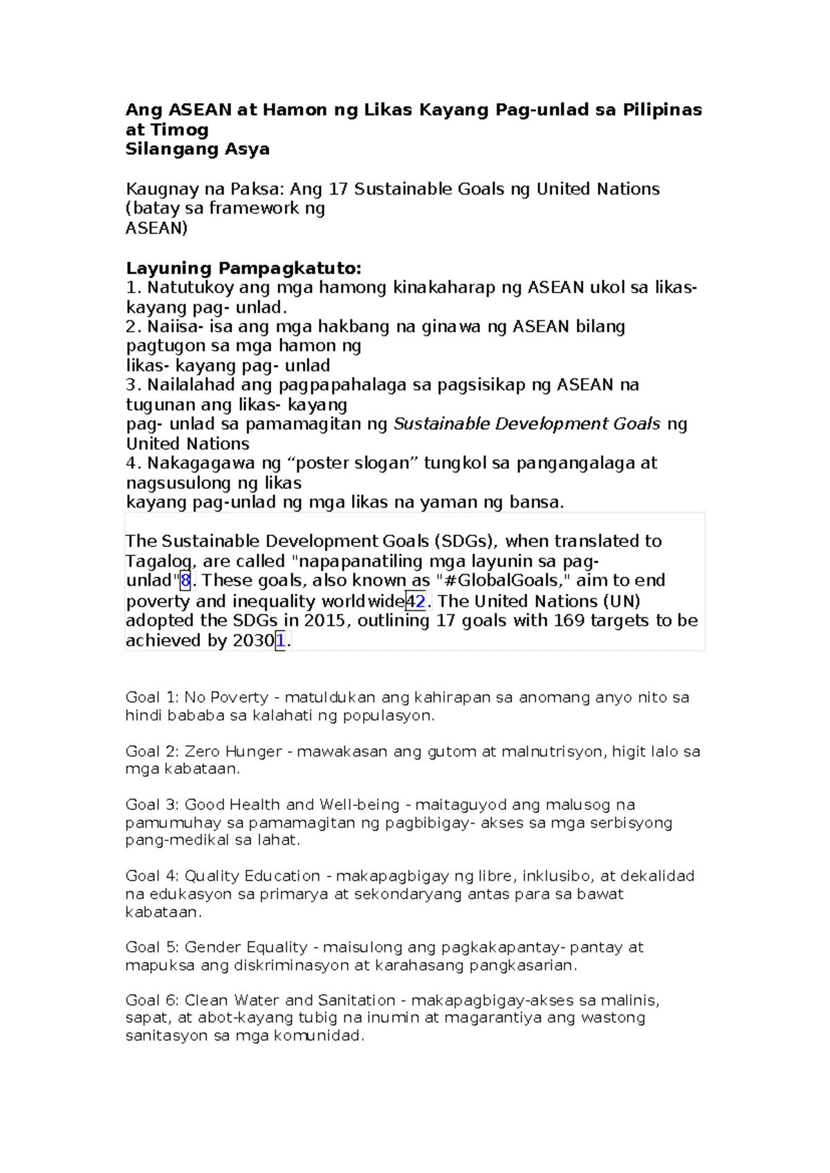 AP7 Lesson 5: Konsepto ng Likas-kayang Pag-unlad sa Timog-Silangang Asya - Studocu