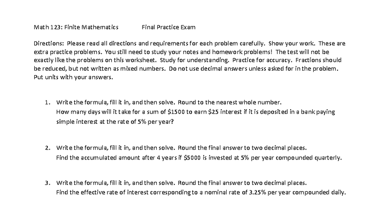 Math 123: Finite Mathematics Final Practice Exam & Key - Studocu