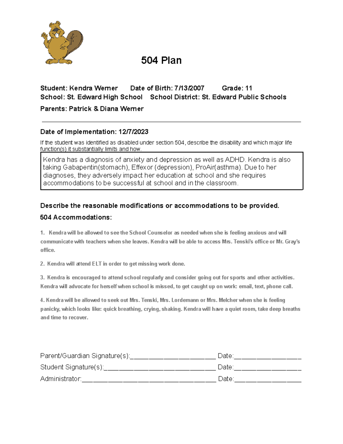 KW 11 504 Plan 12 - Worksheets - 504 Plan Student: Kendra Werner Date ...