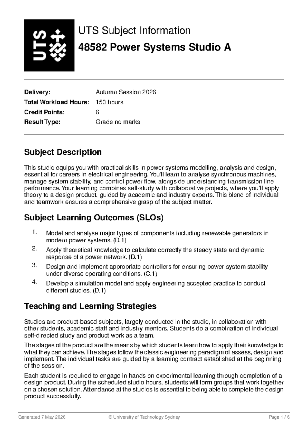 UTS 48582 Power Systems Studio A: Autumn 2026 Overview and Learning ...