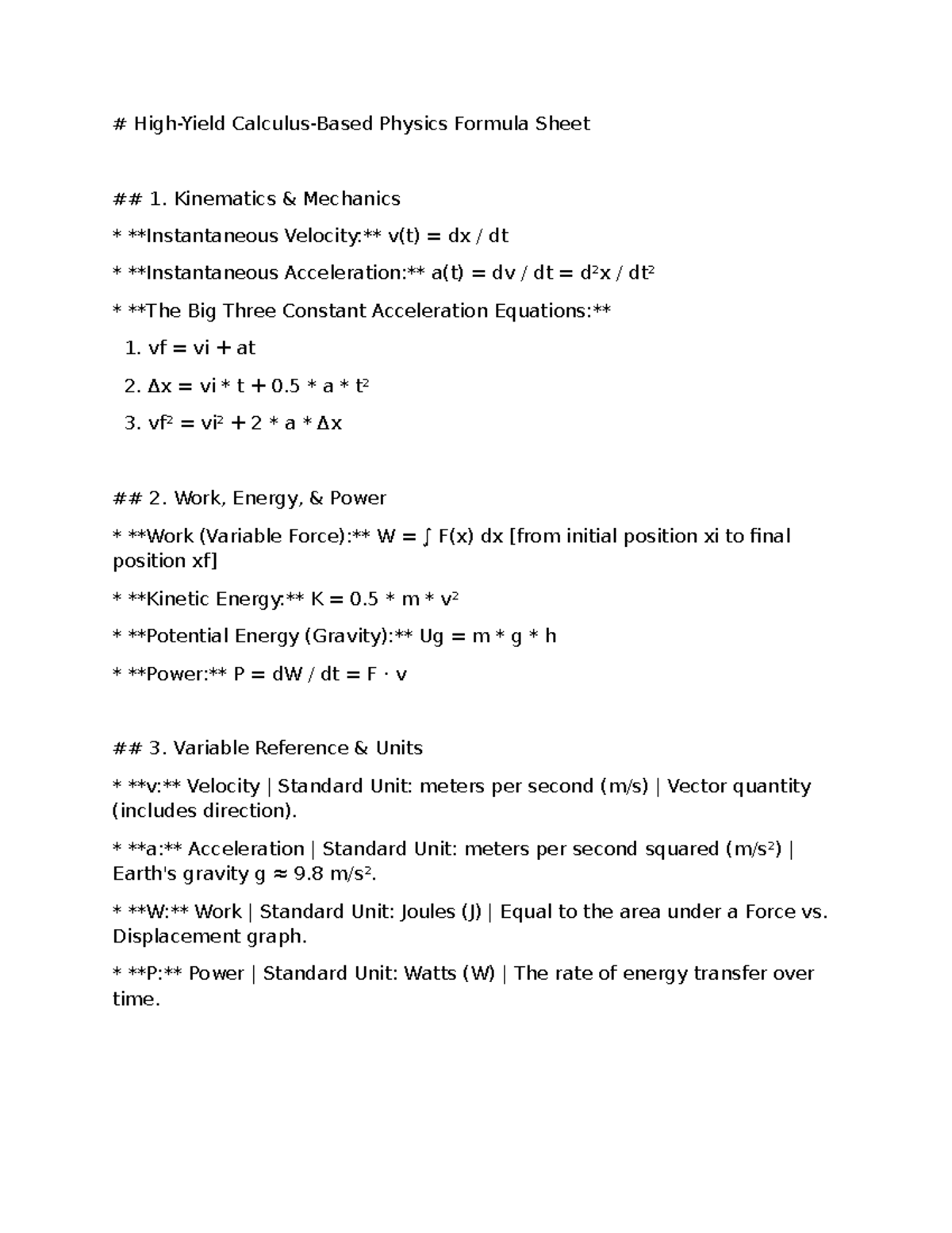 Physics & Calculus Reference Guide: Kinematics & Energy Formulas - Studocu