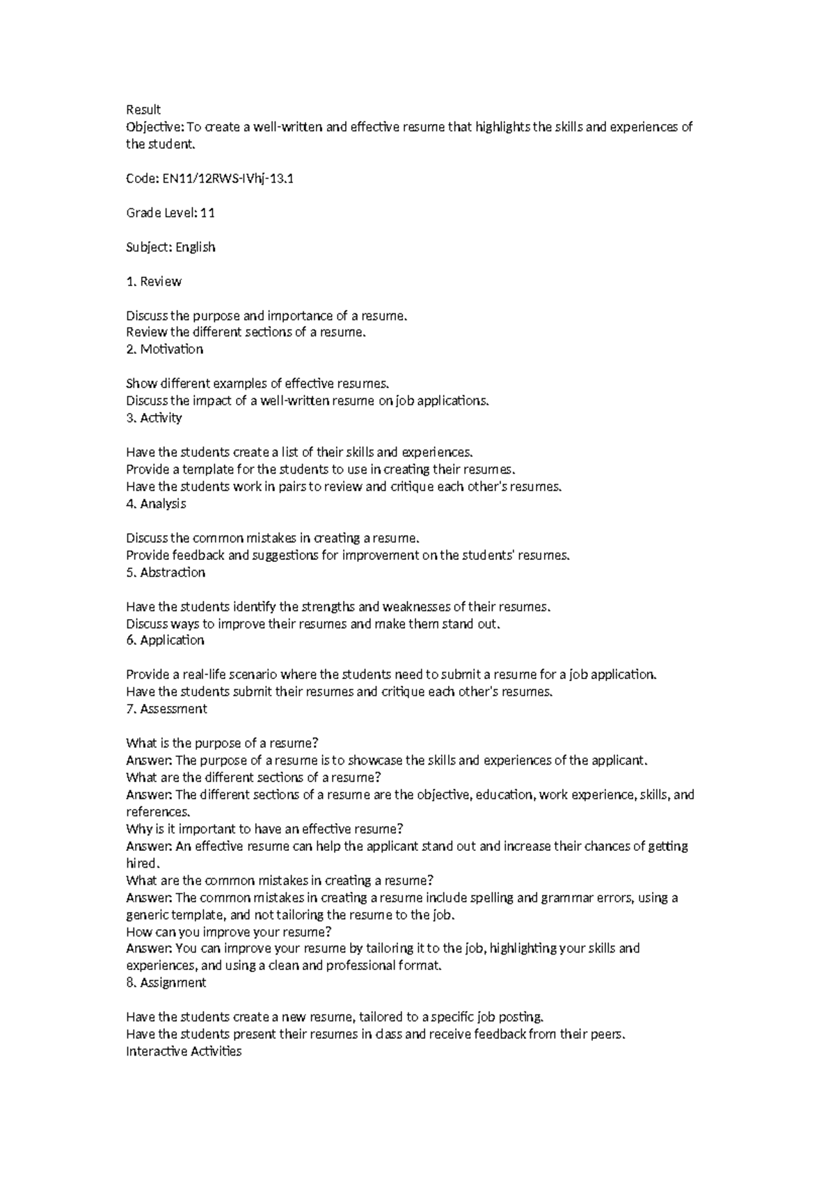 LP - Lesson Plan: Crafting an Effective Resume for English 1 (Grade 11 ...