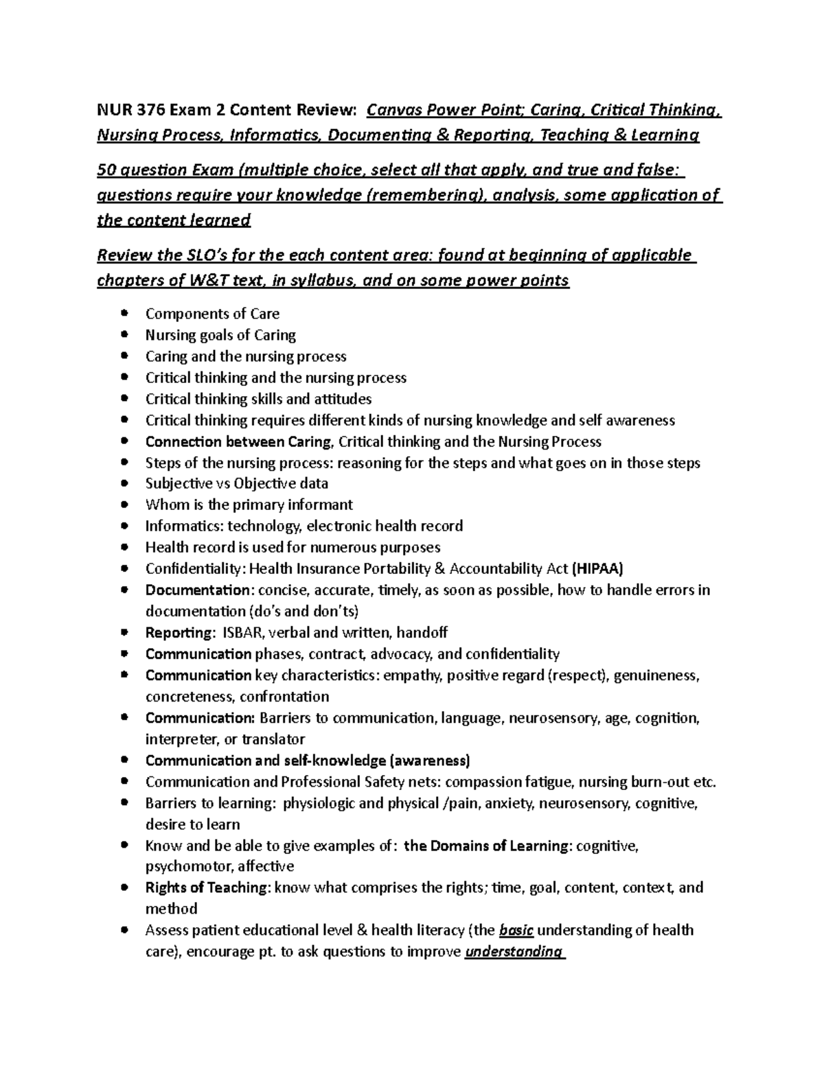 NUR 376 Exam 2 Content Review 3-5-23 - NUR 376 Exam 2 Content Review ...