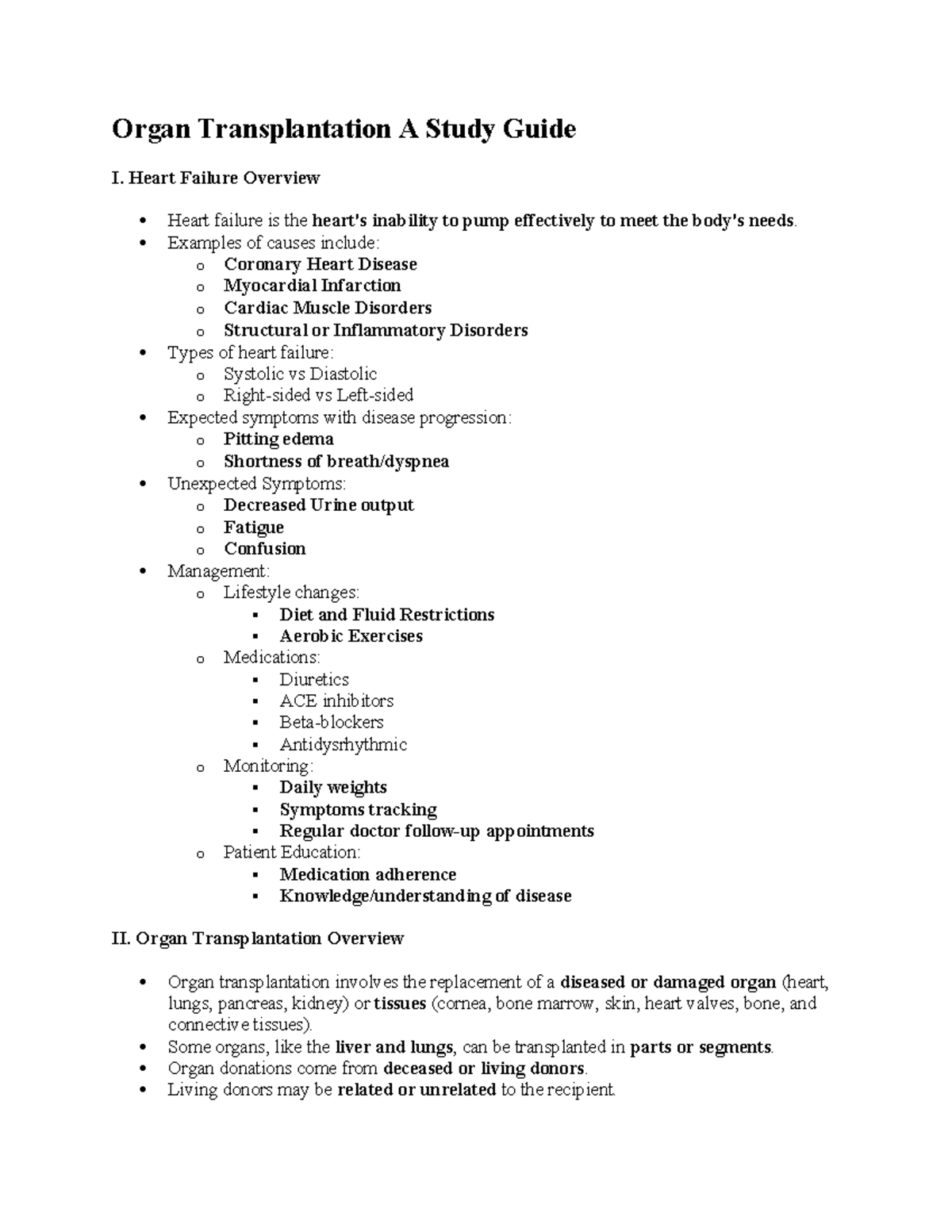 Organ Transplantation Study Guide: Key Concepts and Management - Studocu