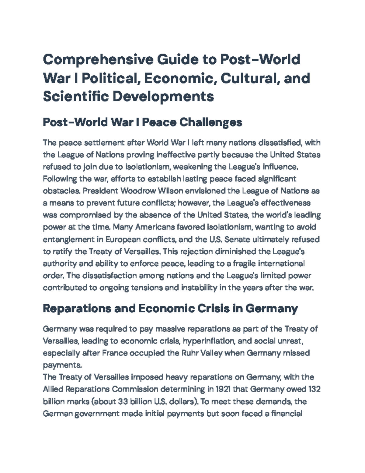 Comprehensive Guide to Post-WWI Political, Economic, and Cultural ...