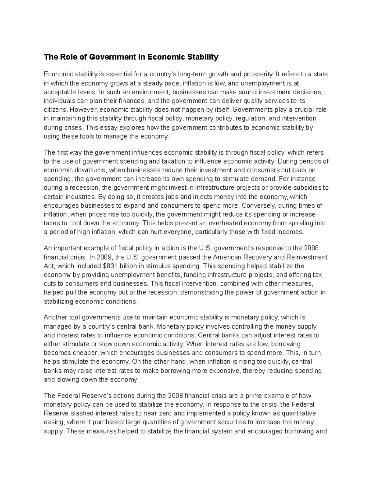 The Role of Government in Economic Stability - It refers to a state in ...