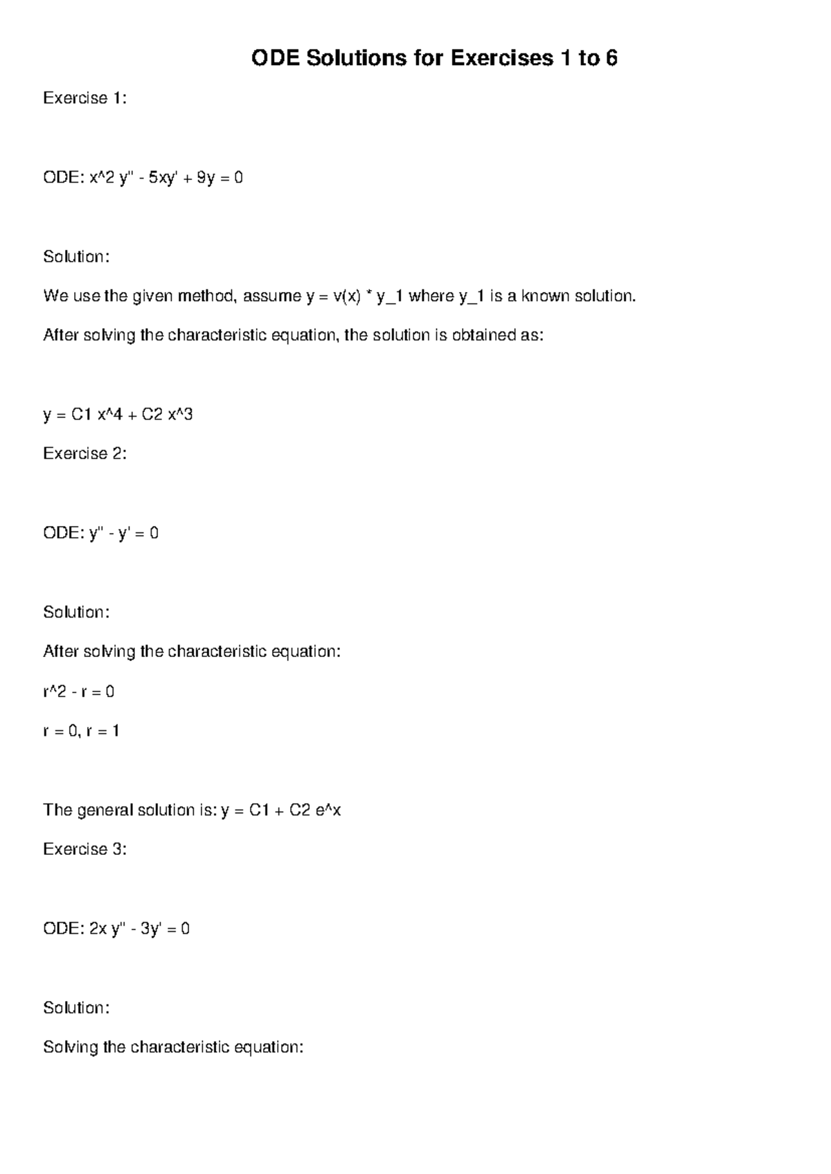 ODE Exercises 1-6: Detailed Solutions and Explanations - Studocu