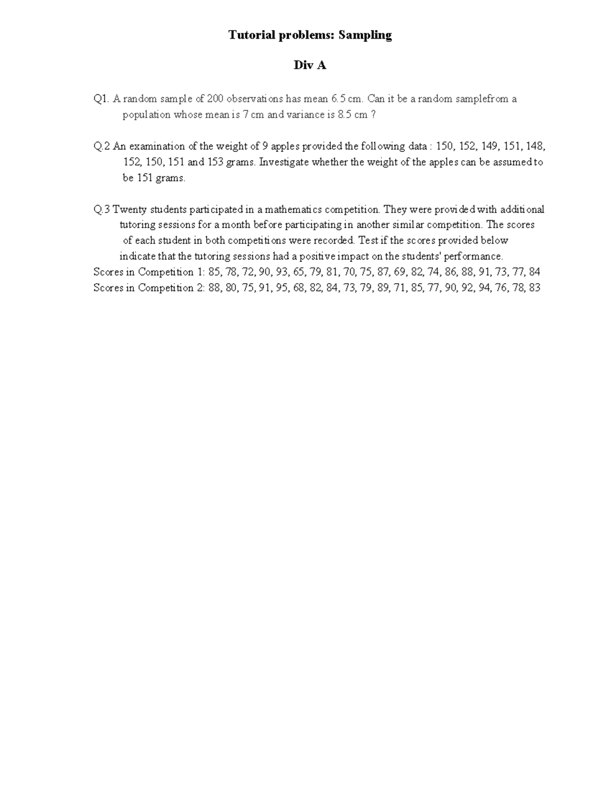 Tutorial Problems: Sampling Div A - Statistical Analysis Q1-Q3 - Studocu