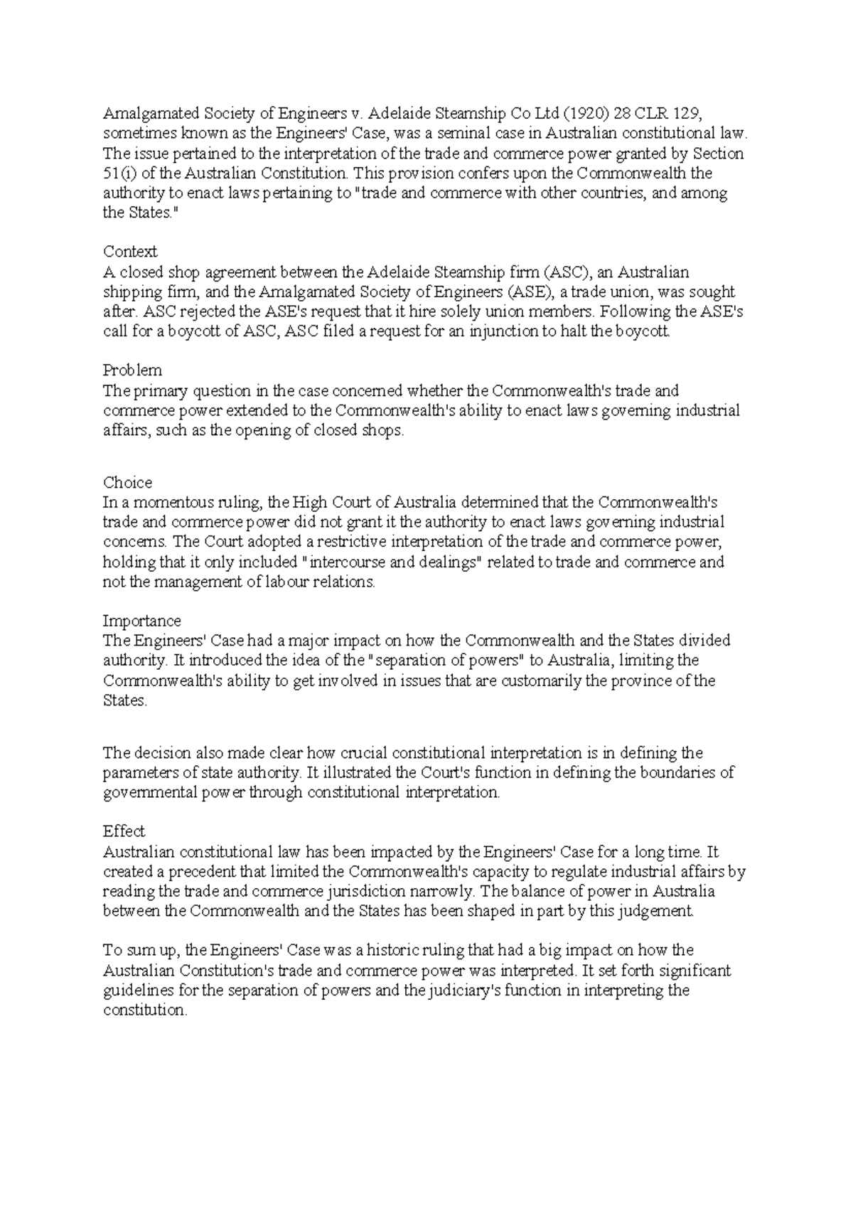 Engineers Case Intro Note - Amalgamated Society of Engineers v ...