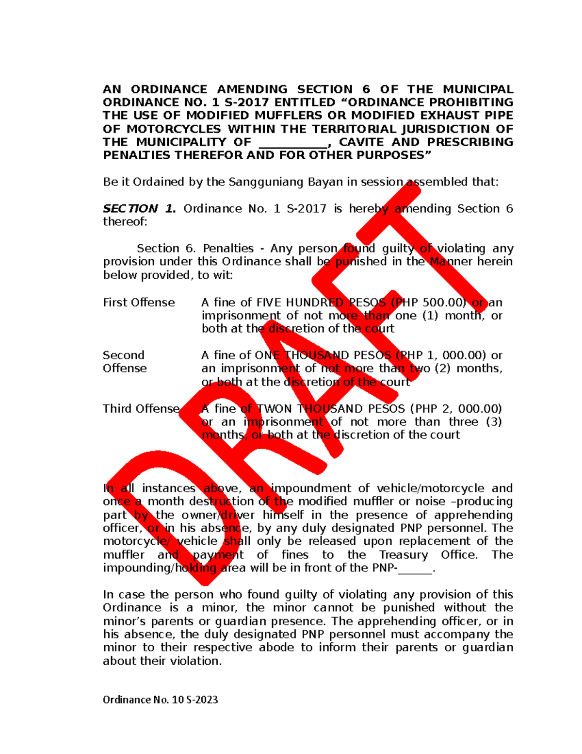 Amended Ordinance No. 10 S-2023: Anti-Muffler Modification Rules - Studocu