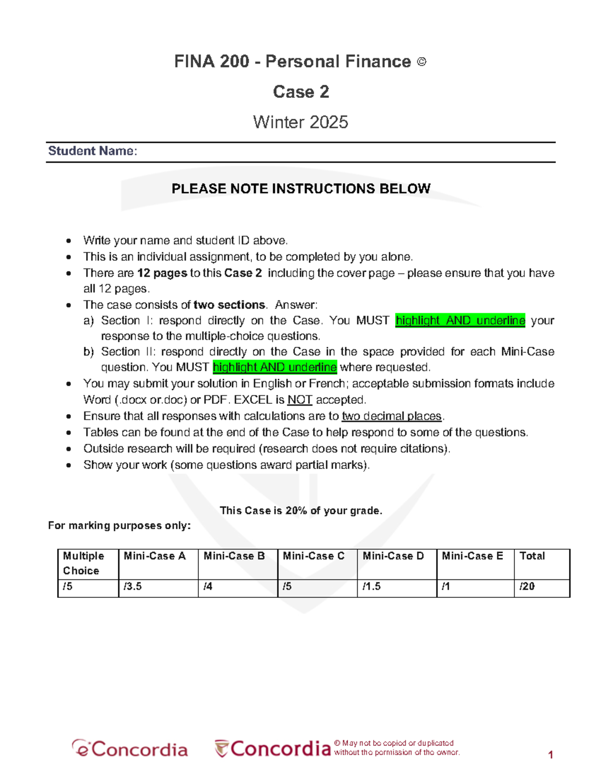 Case 2 - FINA 200 Personal Finance Assignment Winter 2025 - Studocu