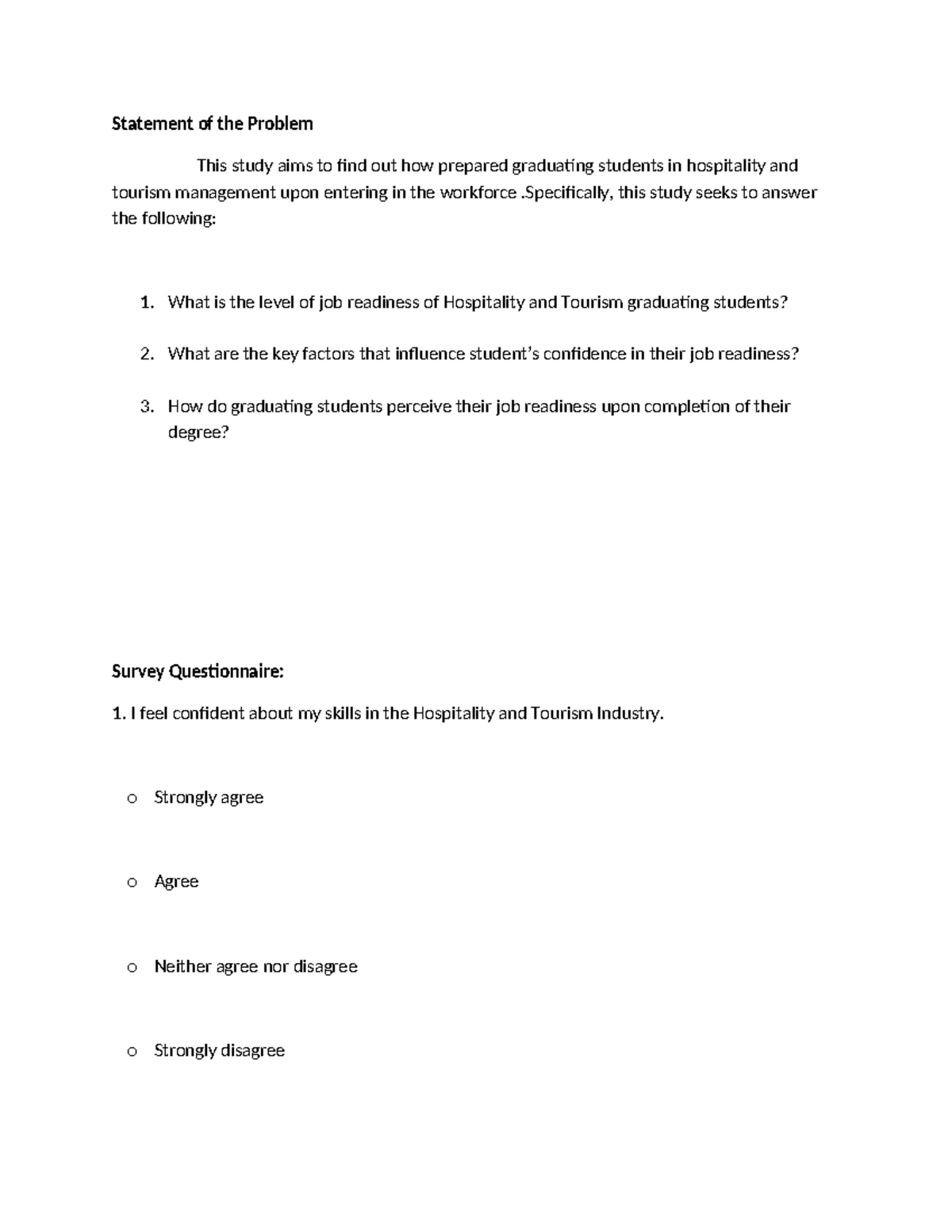 HTM 401: Statement of the Problem & Survey Questionnaire on Job ...