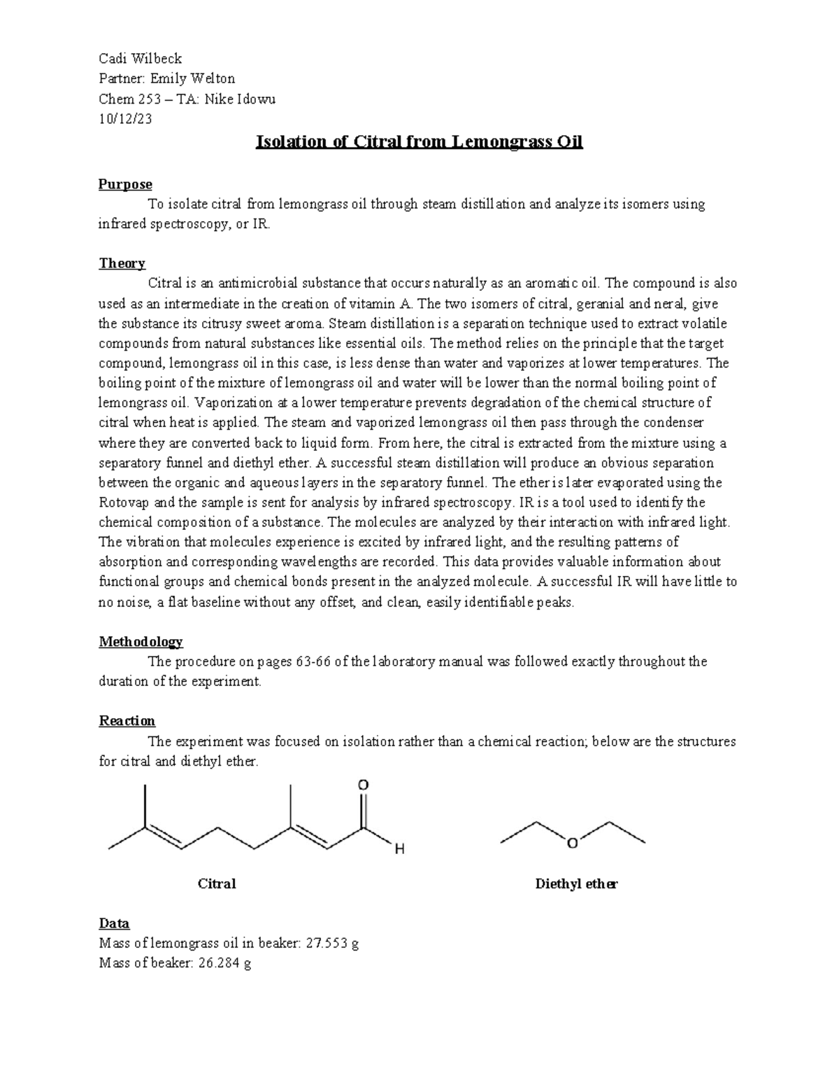 Chem 253 - Exp. 8: Isolation of Citral from Lemongrass Oil via Steam Distillation - Studocu