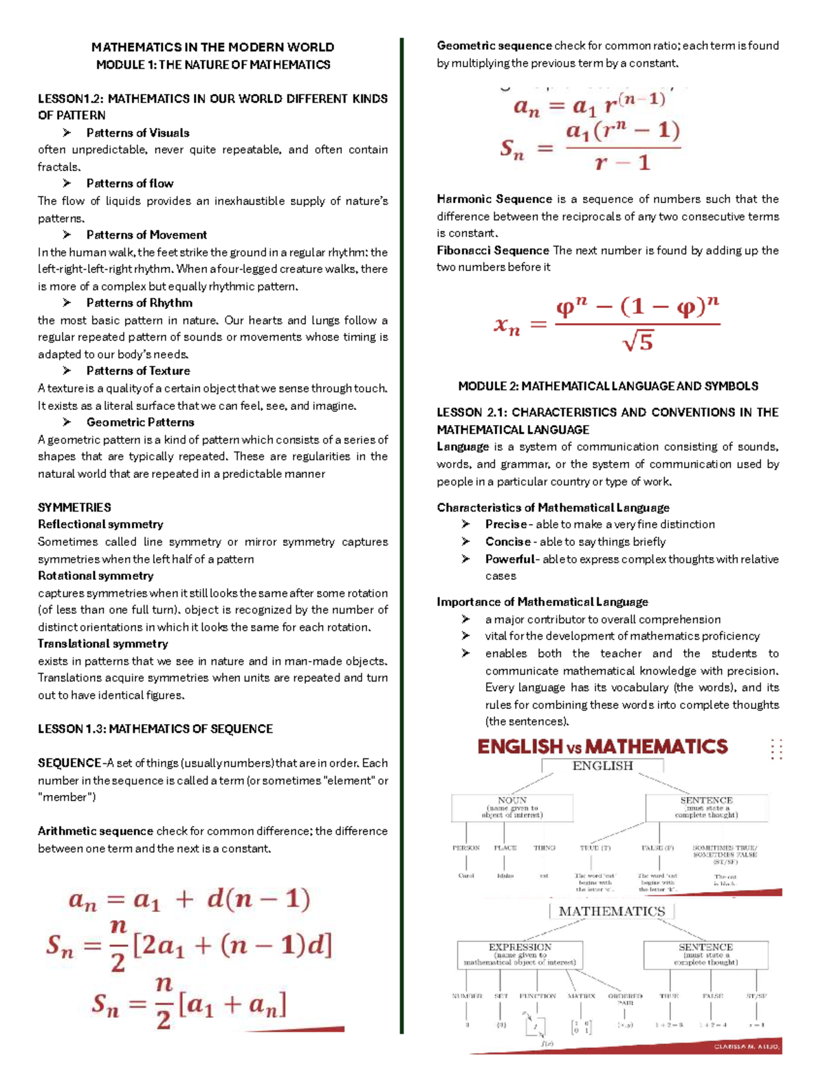 MMW 101: Patterns, Sequences, and Mathematical Language Review - Studocu