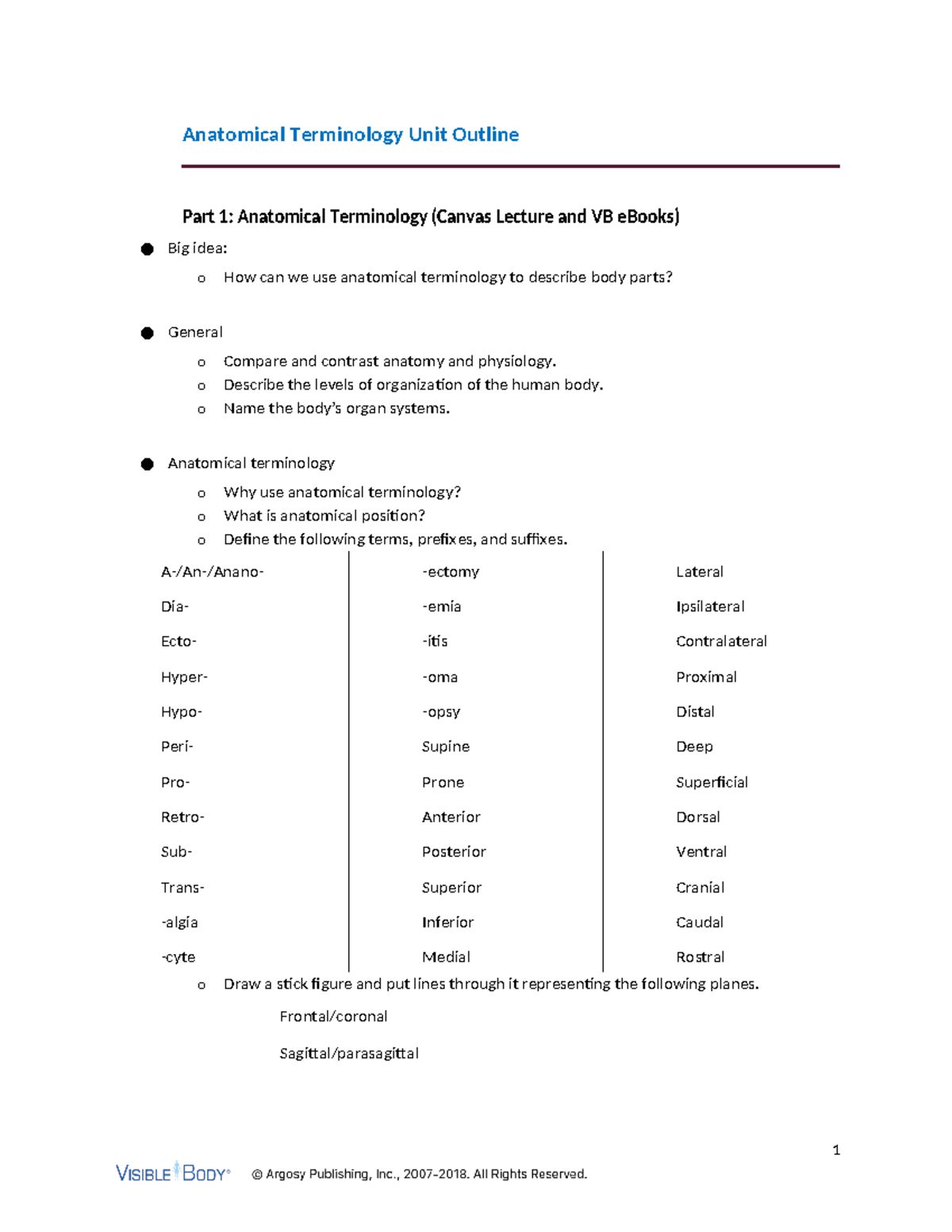 Anatomical Terminology Guided Notes 1 - Anatomical Terminology Unit ...