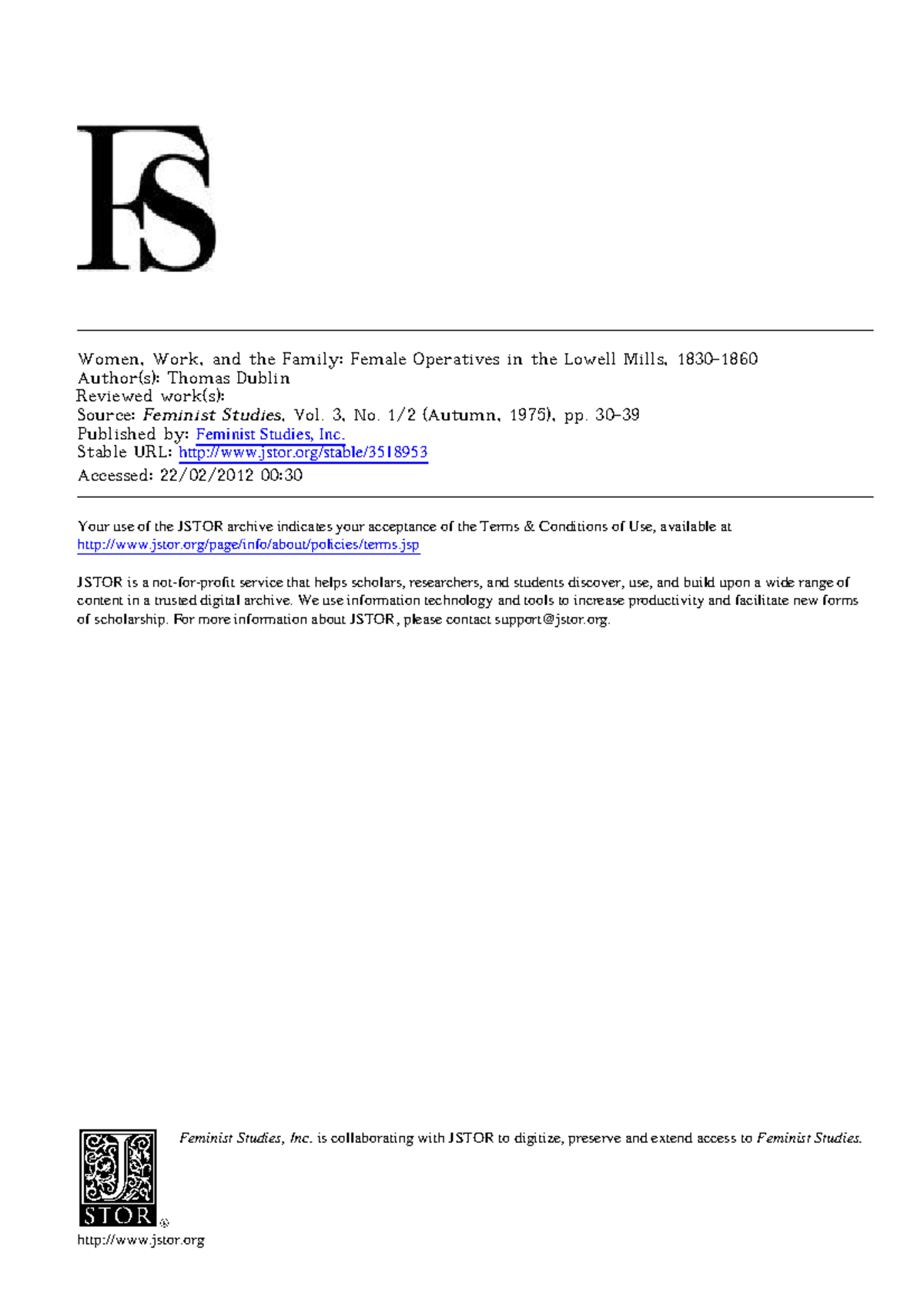 Women, Work, and Family: A Study of Lowell Mills, 1830-1860 - Women ...