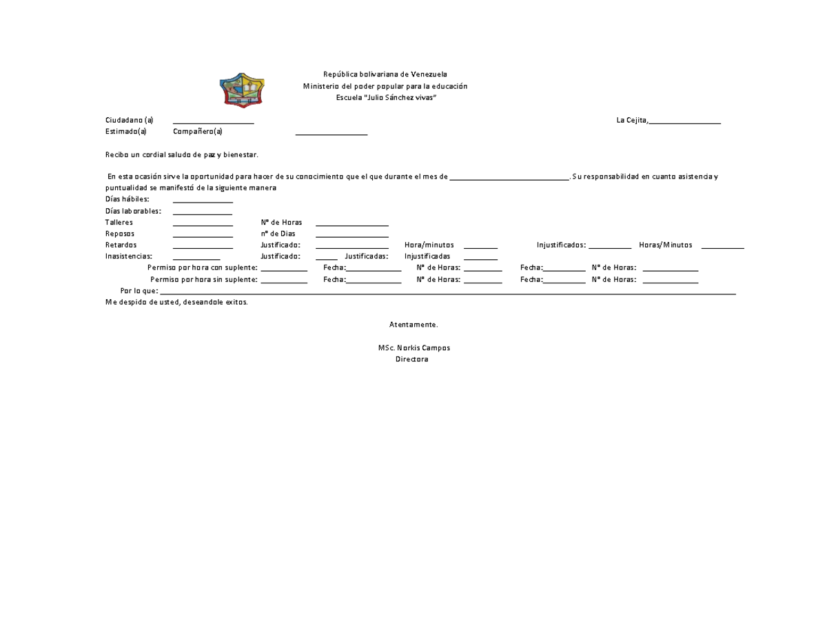 Formato de Reporte de Asistencia Escolar - Escuela "Julio Sánchez Vivas ...