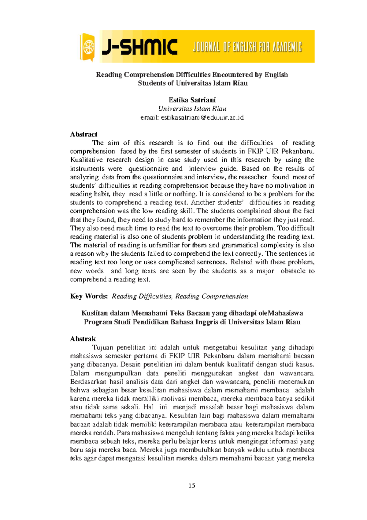 Reading Comprehension Difficulties in English Students (FKIP UIR) - Studocu