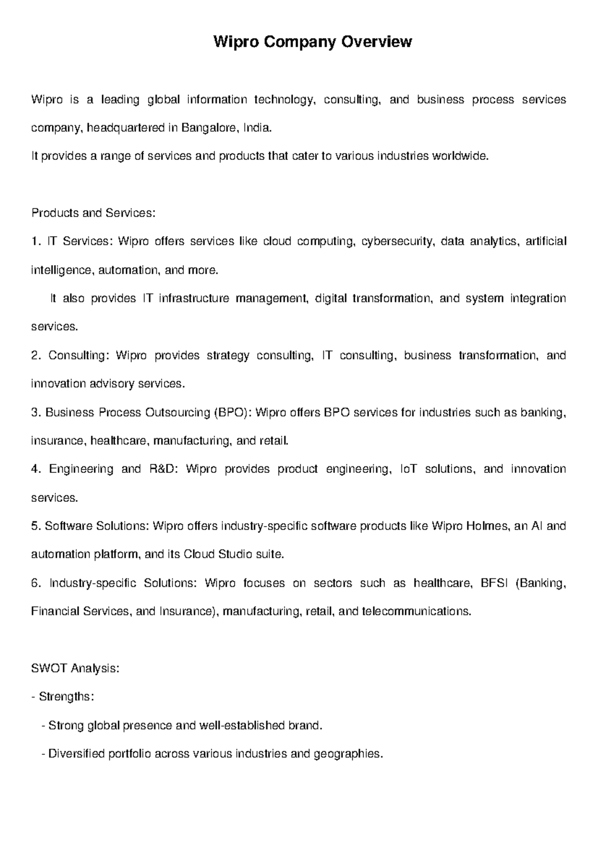 Wipro Company Overview: Services, SWOT Analysis, and Strategies - Studocu