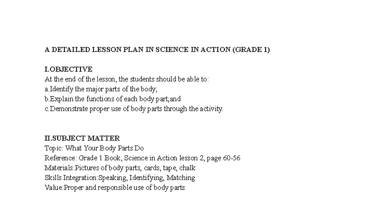 Grade 1 Science Lesson Plan: Understanding Body Parts and Their ...