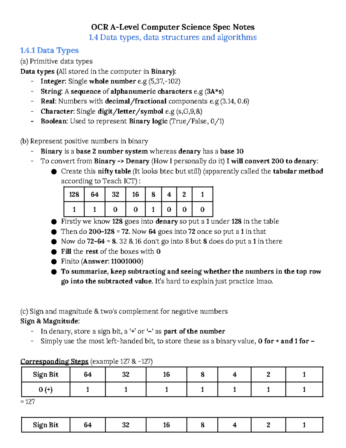 OCR A-Level Comp Sci Spec Notes 1.4: Data Types & Structures Summary ...