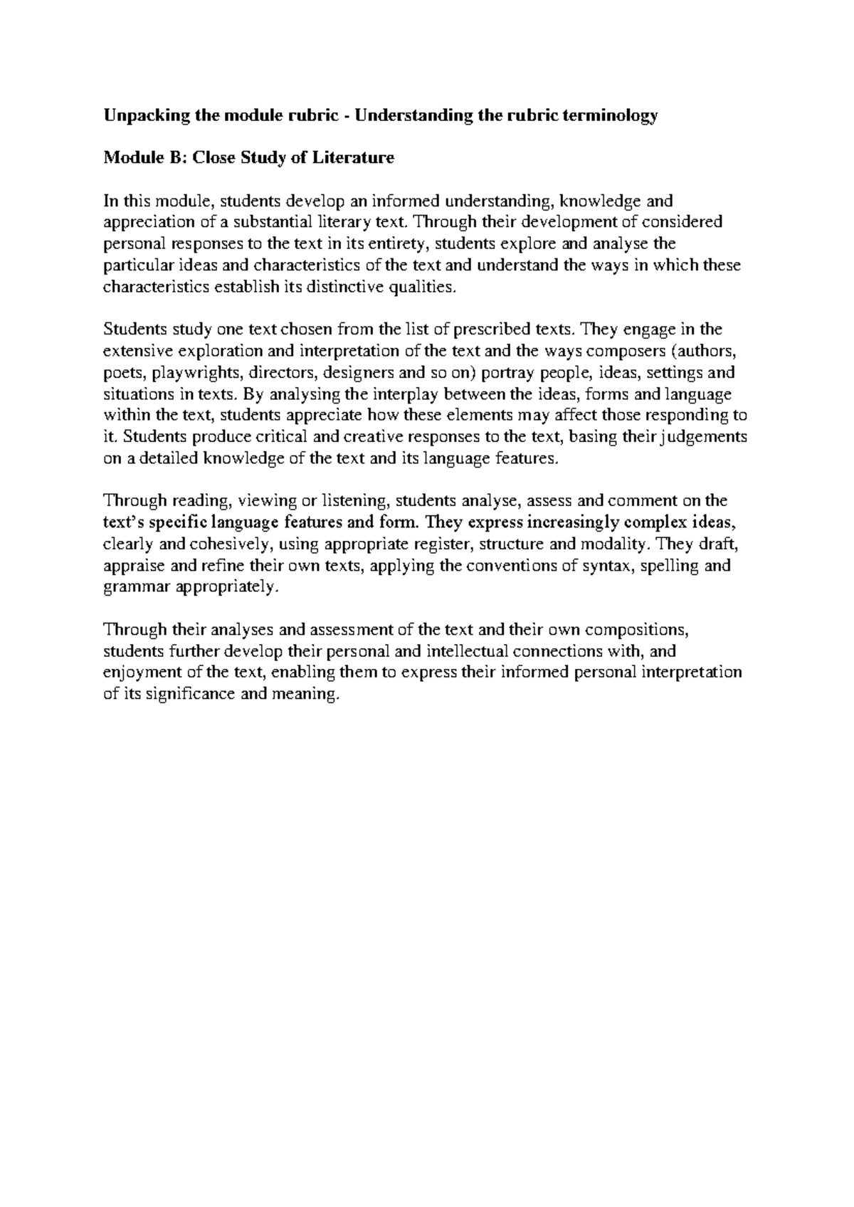 Unpacking the HSC English Standard Module B Rubric: Close Study of ...
