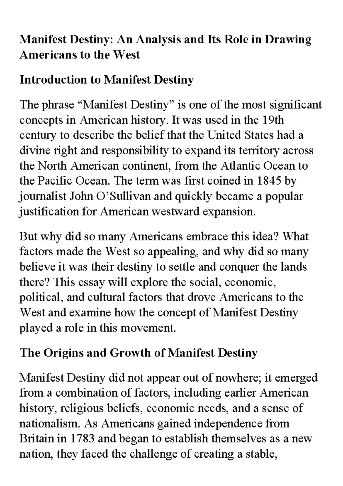 Manifest Destiny- An Analysis and Its Role in Drawing Americans to the ...