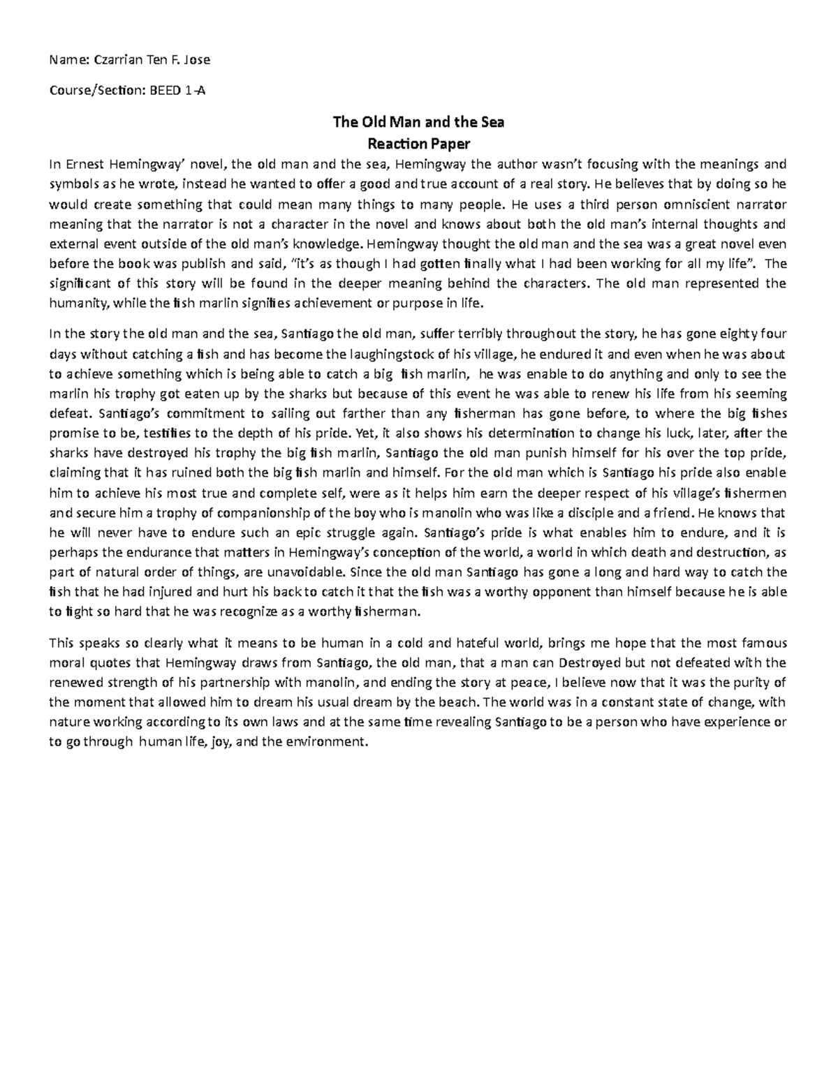 BEED 1-A Reaction Paper on 'The Old Man and The Sea' Analysis - Studocu