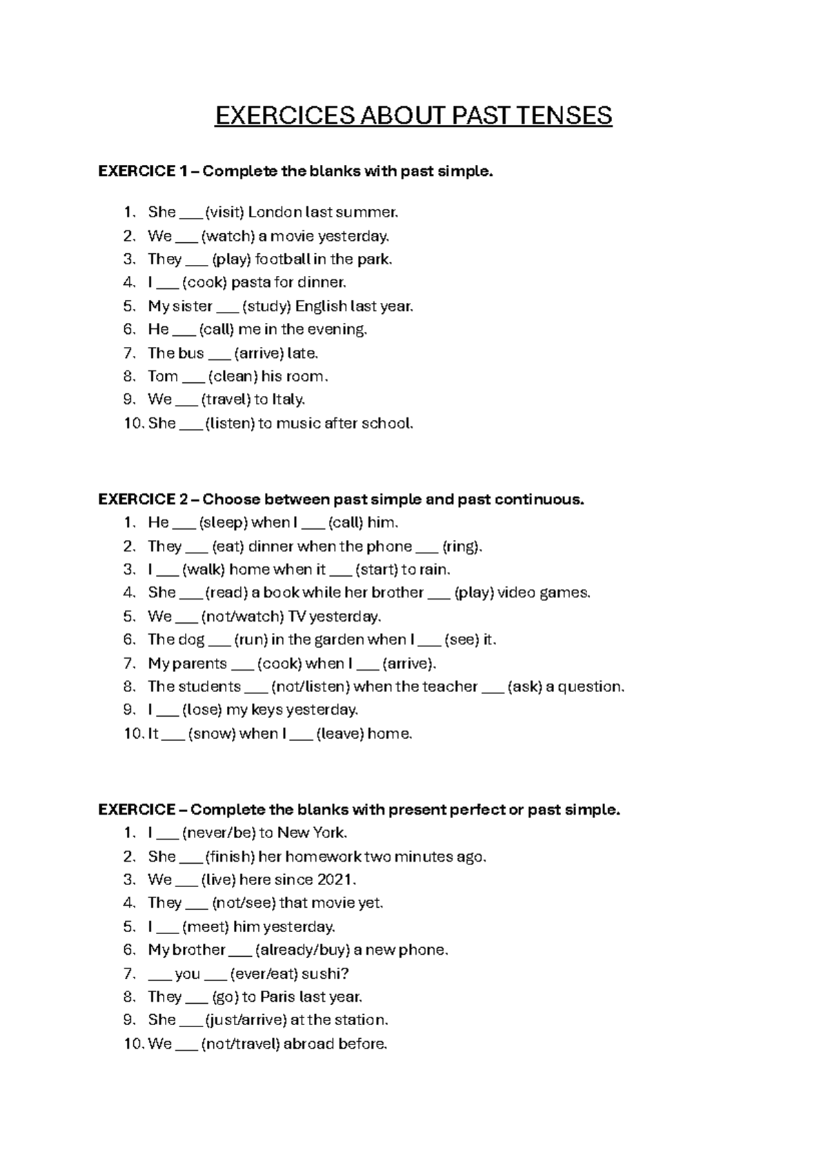 Exercises on Past Tenses - ENG 101 - Studocu