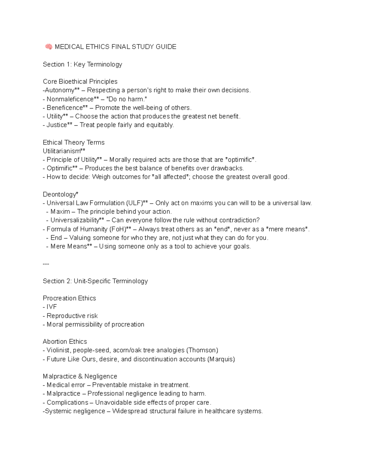 Medical Ethics Final Exam Study Guide: Essential Concepts & Prep - Studocu