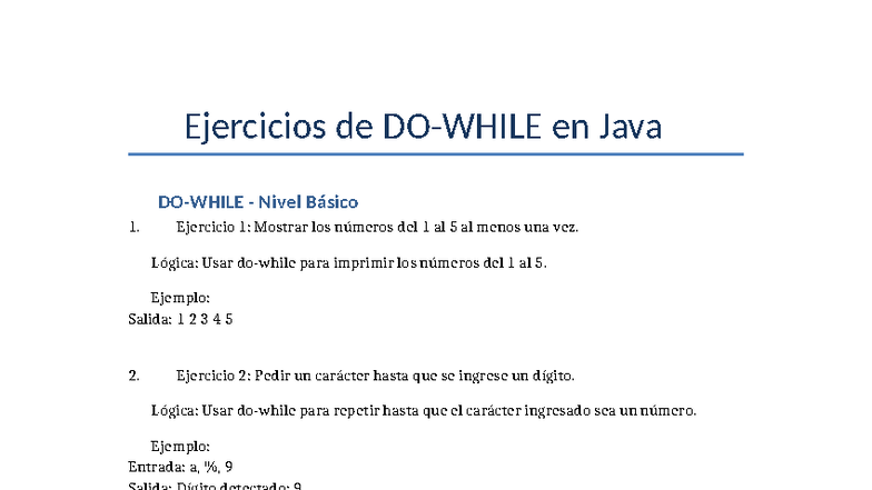 Ejercicios DO While en Java - Nivel Básico e Intermedio - Studocu