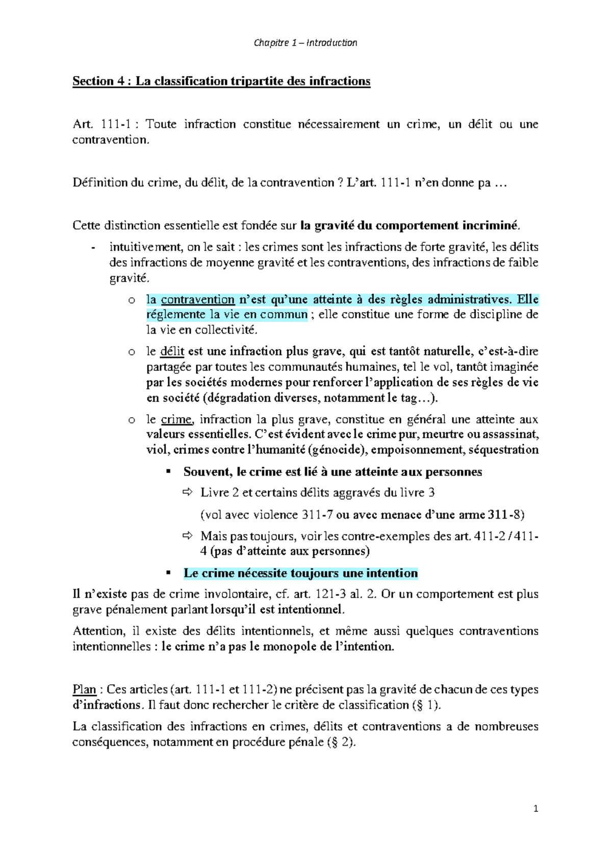 Chapitre 1 Section 4 - La Classification Tripartite des Infractions au ...