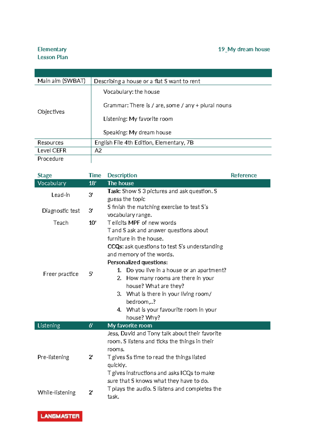 [LMC] Level 2 Lesson 19 My dream house Lesson plan - Elementary Lesson ...
