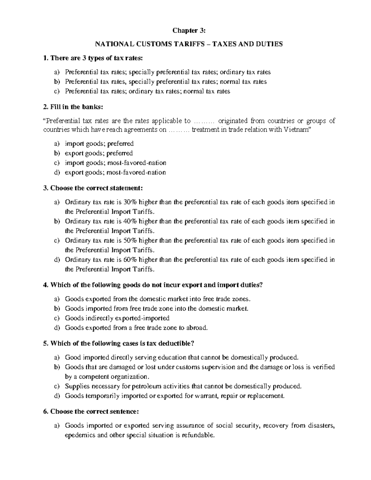 Chapter 3: Multiple-Choice Questions on National Customs Tariffs - Studocu