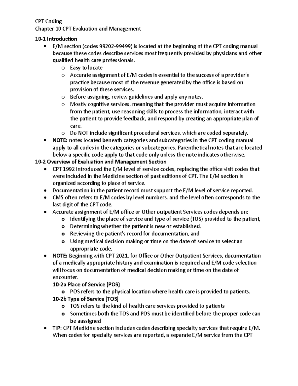 Chapter 10 CPT Eval and Management - Notes - Chapter 10 CPT Evaluation ...