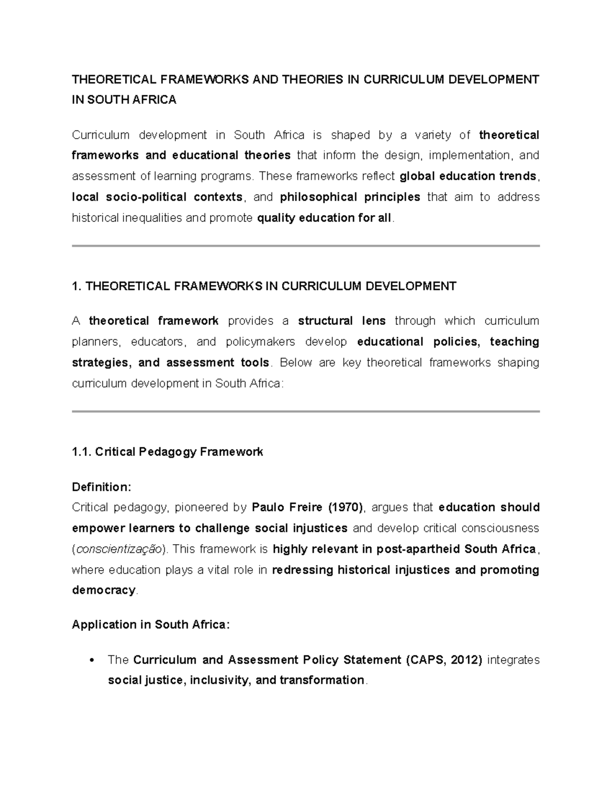 Theoretical Frameworks & Theories in SA Curriculum Development - Studocu