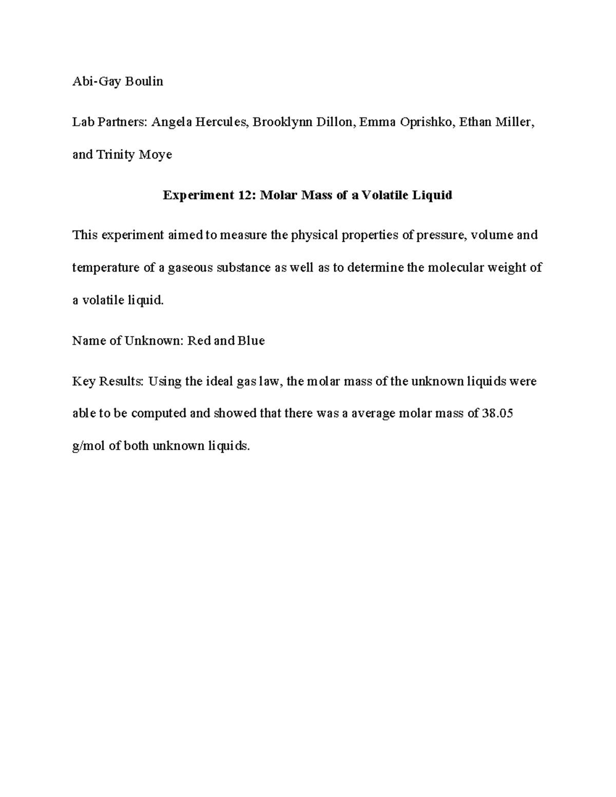 Chemistry Experiment 12 Lab - Abi-Gay Boulin Lab Partners: Angela ...
