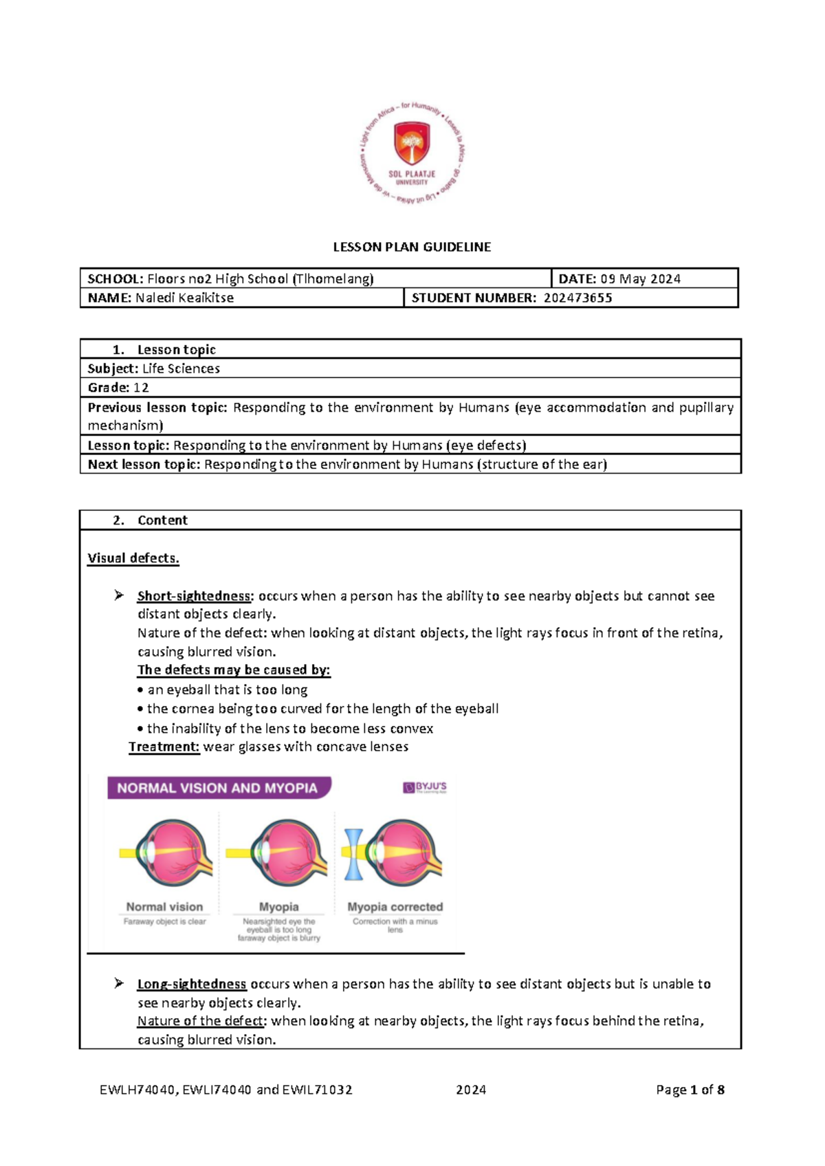 Eye Defects Lesson Plan for Life Sciences Grade 12 - 2024 - Studocu