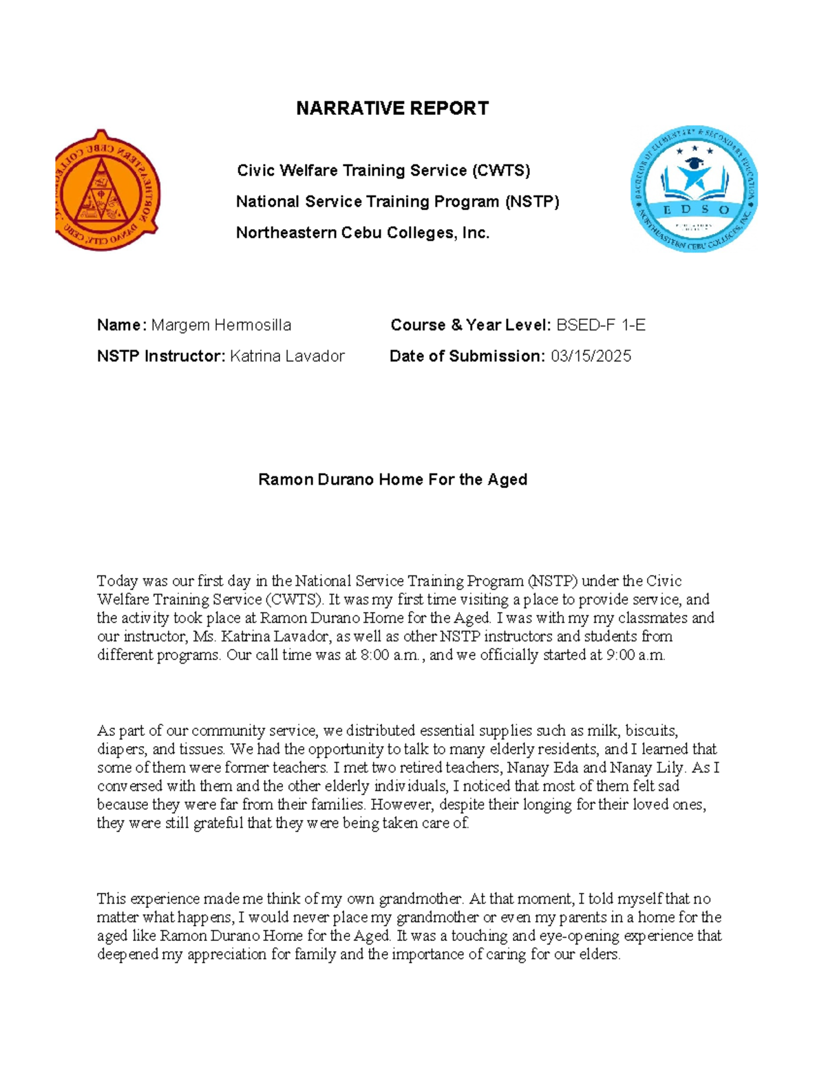 Margem Narrative Report - NARRATIVE REPORT Civic Welfare Training ...