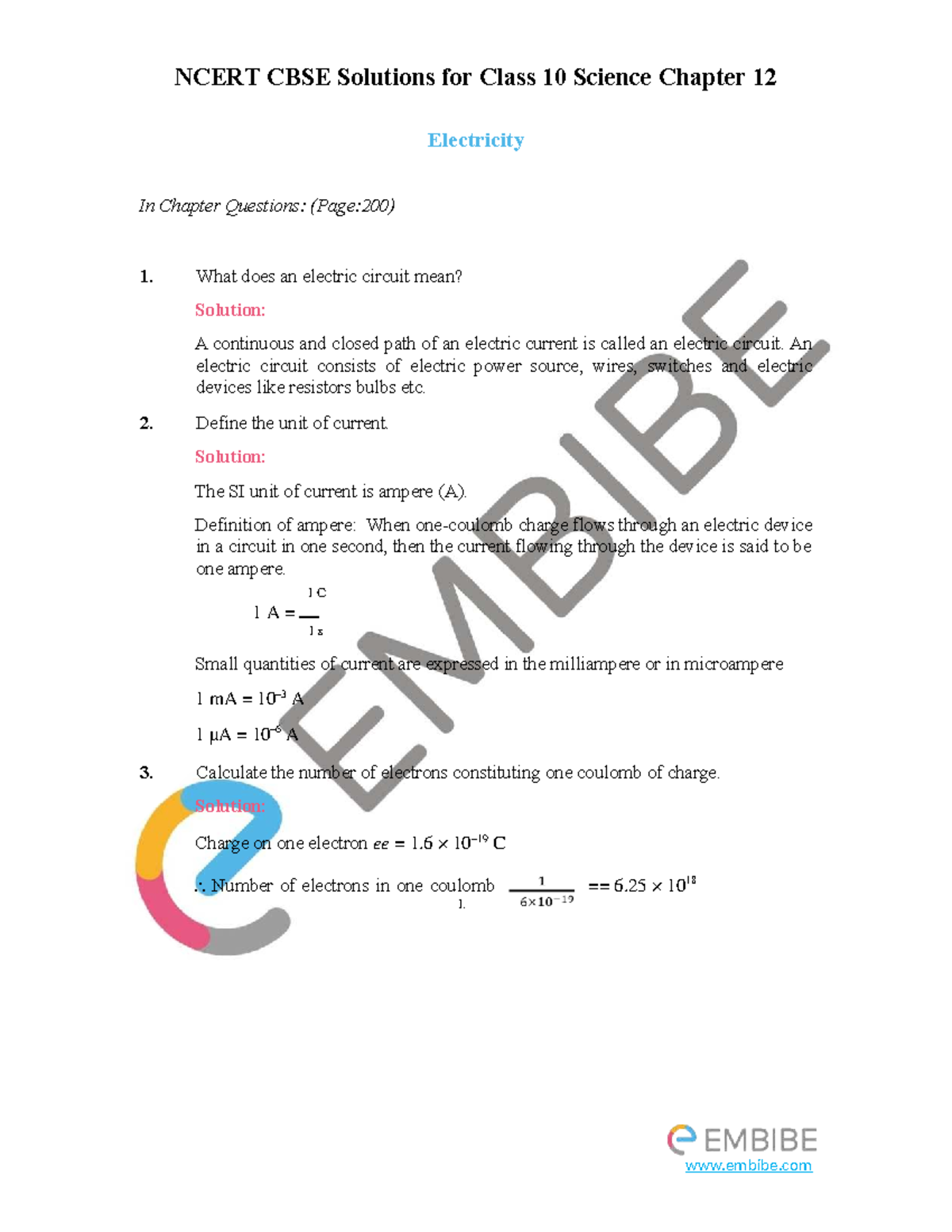 NCERT CBSE Class 10 Science Chapter 12: Electricity Solutions - Studocu