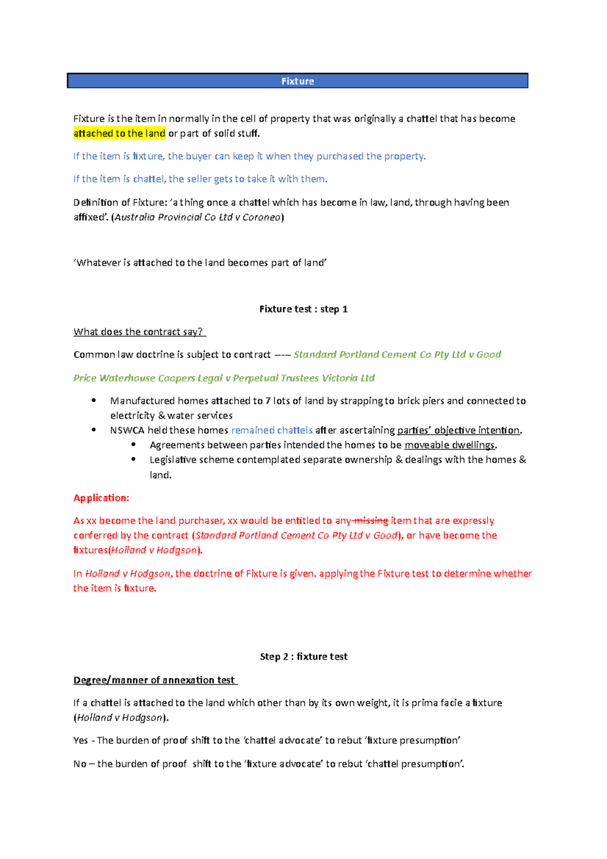 Legal Fixture Analysis & Bailment Concepts: Exam Notes for LAW101 - Studocu